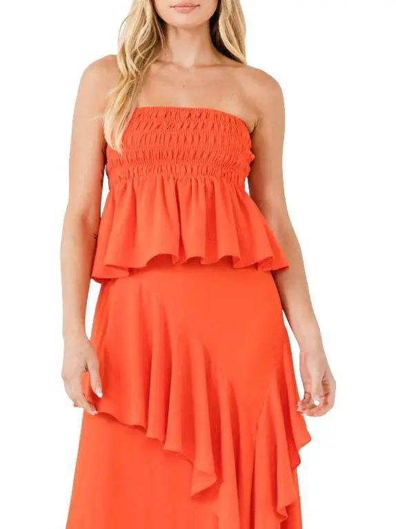 Endless Rose Smocked Strapless Peplum Top - Orange