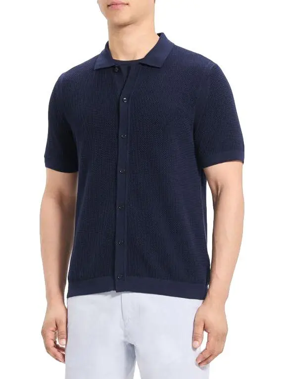 Theory Cairn Short Sleeve Button-up Cotton Blend Sweater - Baltic