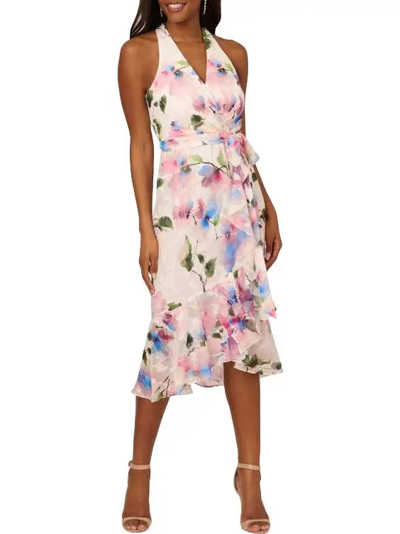Adrianna Papell Floral High-low Dress With Tie Belt - Ivory Pink Multi