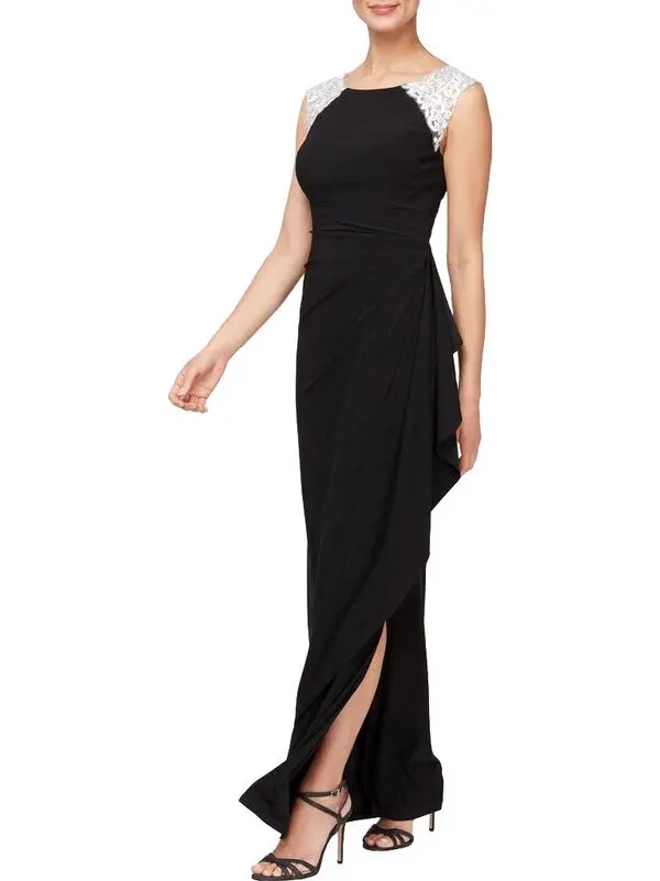 Alex Evenings Gathered Lace Gown - Black White