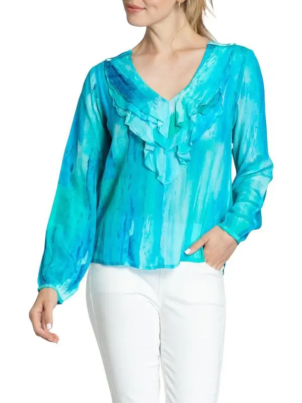 APNY Watercolor Print Ruffle V-neck Chiffon Top - Aqua