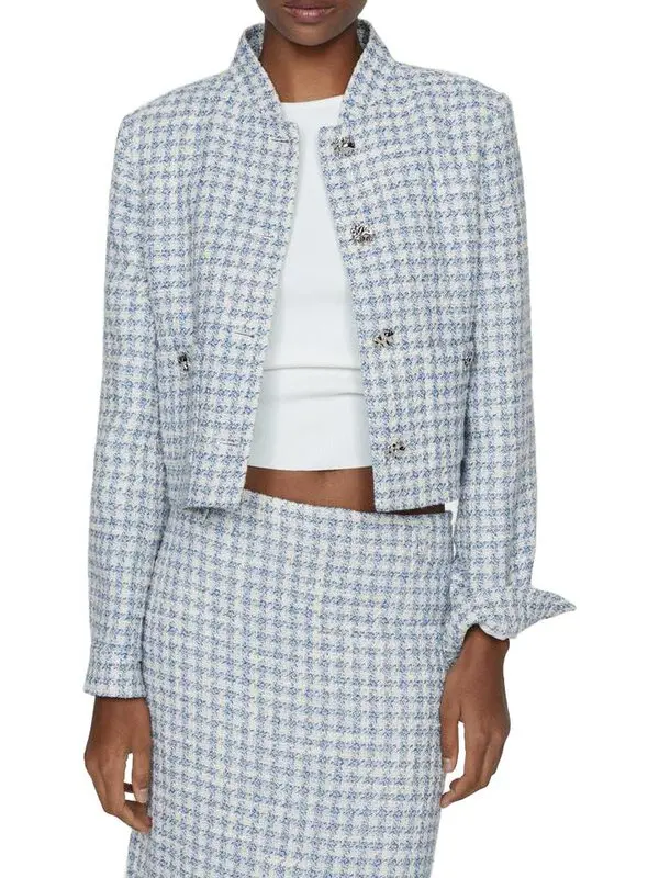 Mango Houndstooth Tweed Jacket - Sky Blue