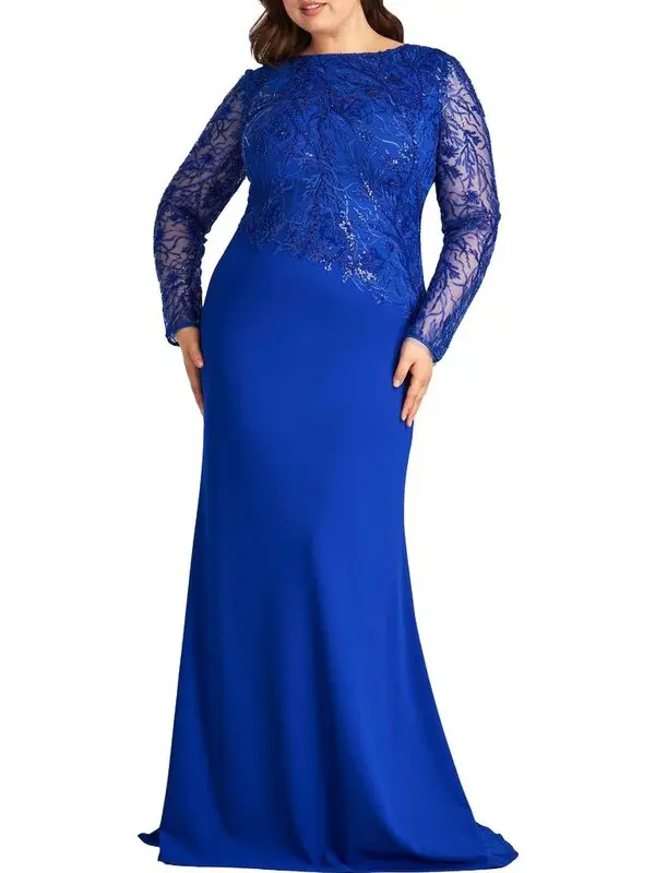 Tadashi Shoji Sequin Floral Long Sleeve Gown - Mystic Blue