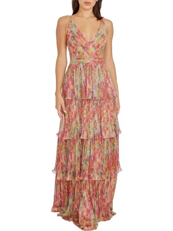 Dress The Population Lorain Abstract Print Tiered Gown - Bright Fuchsia Multi