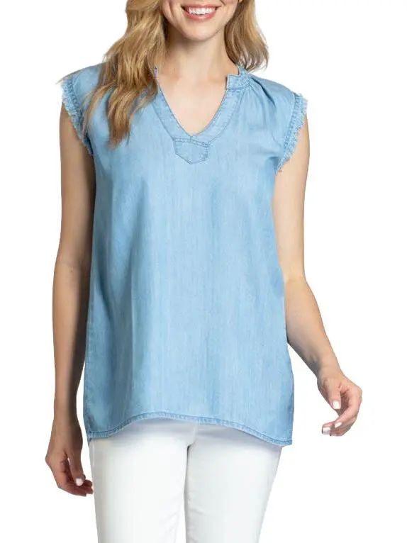 APNY Sleeveless Fringed Chambray Blouse - Light Indigo