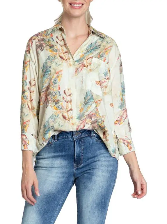 APNY Feather Print Oversized Shirt - Beige Multi