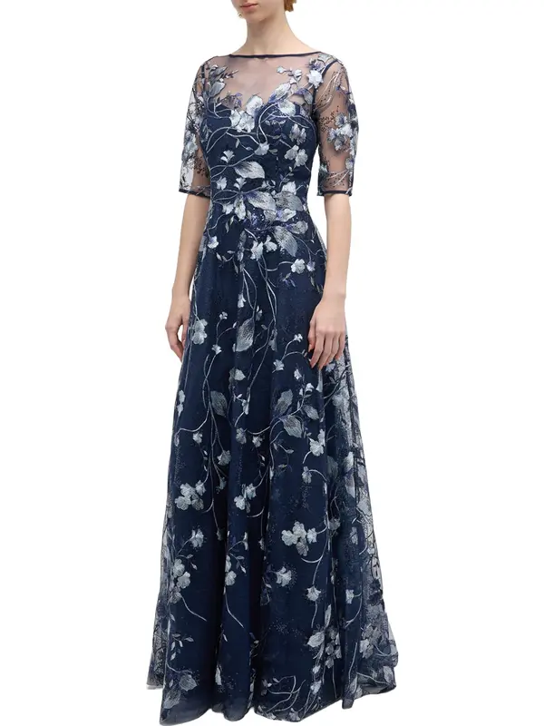 Rickie Freeman For Teri Jon Metallic Embroidered Tulle Gown - Navy Silve