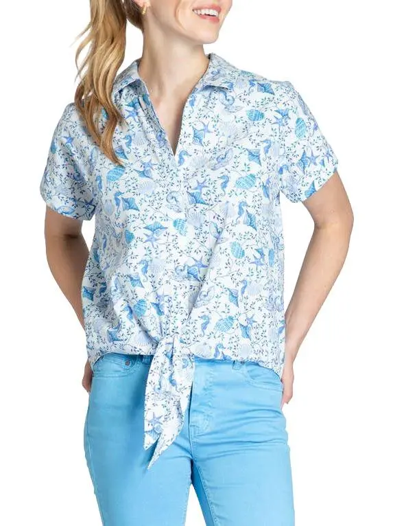 APNY Floral Print Cotton Camp Shirt - Light Blue