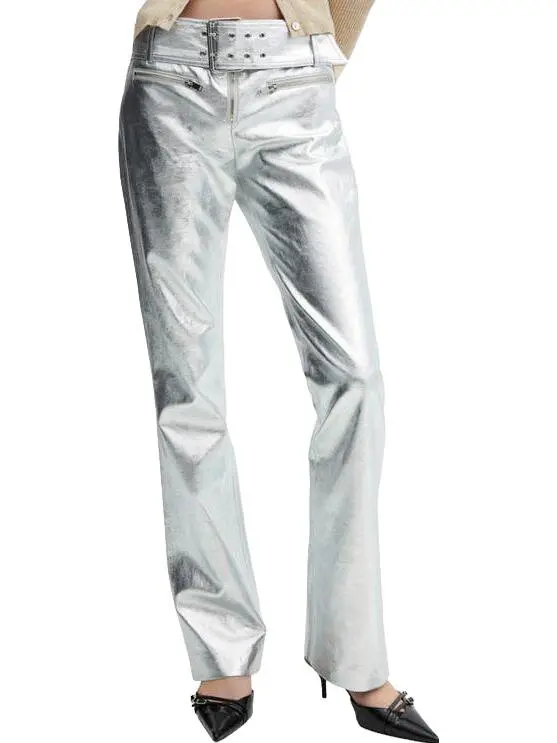 Mango Belted Faux Leather Pants - Silver
