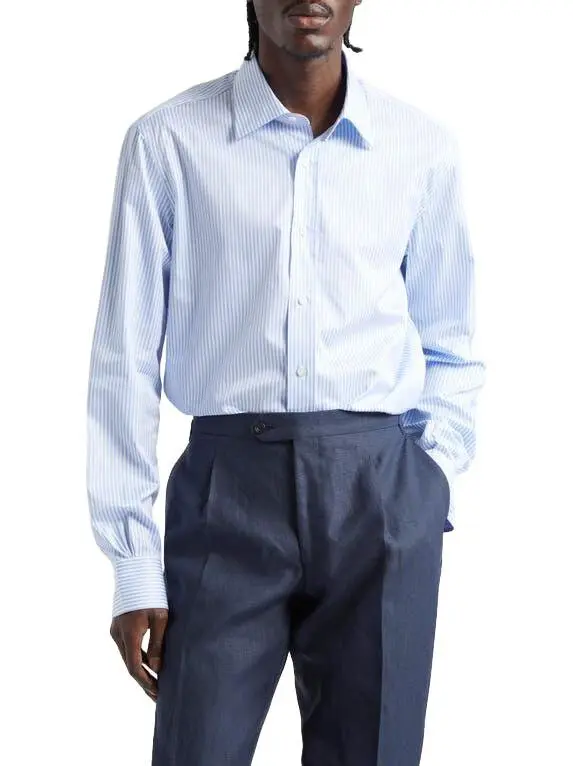 Thom Sweeney Stretch Poplin Button-up Shirt - Sky Blue Bengal