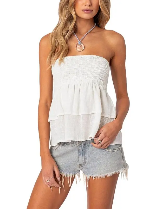 EDIKTED Harleigh Ruffled Linen Look Tube Top - Cream