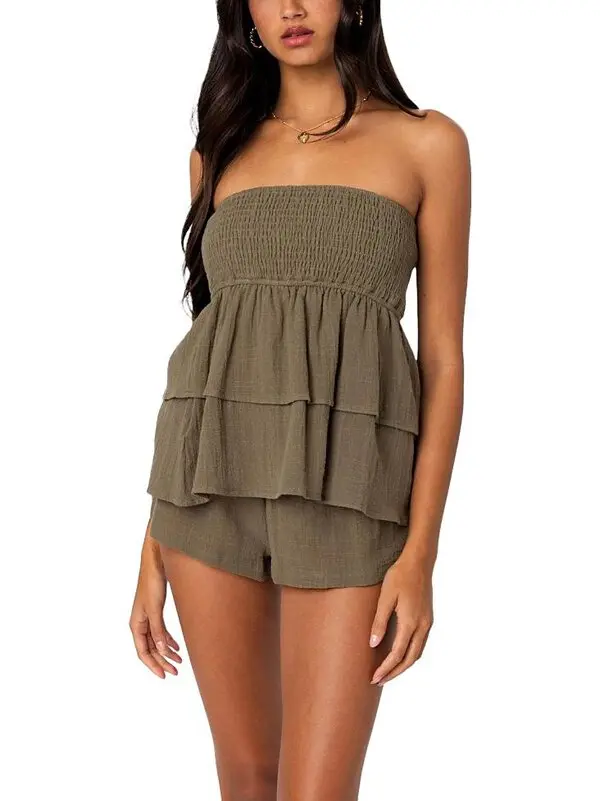 EDIKTED Harleigh Ruffled Linen Look Tube Top - Olive