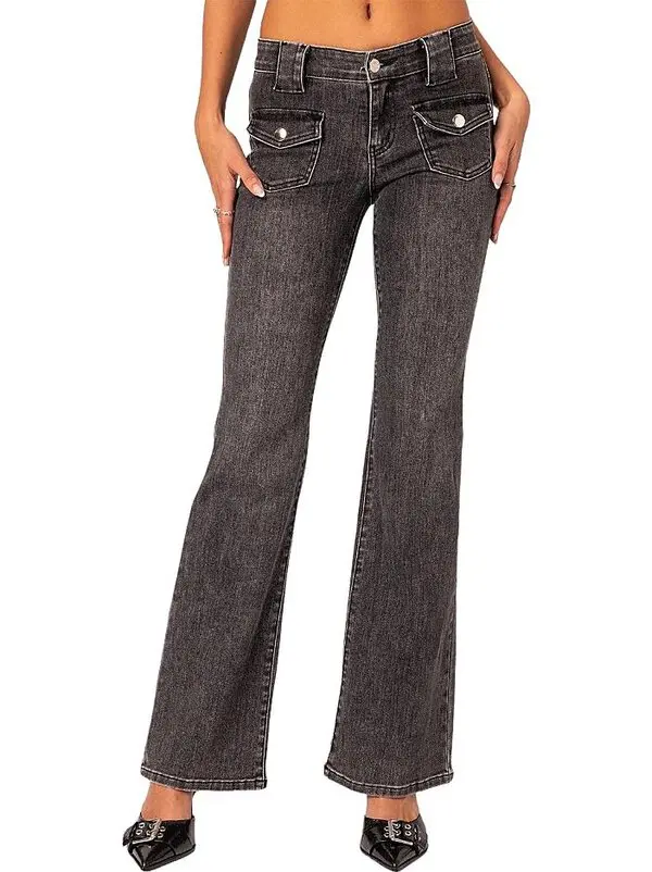 EDIKTED Tatum Low Rise Flare Jeans - Dark Gray
