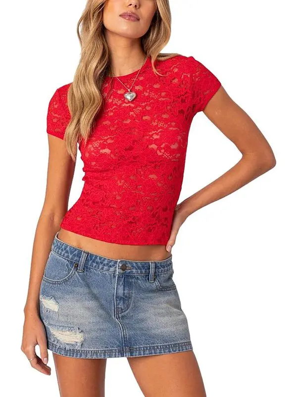EDIKTED Kaori Sheer Lace Tee - Red