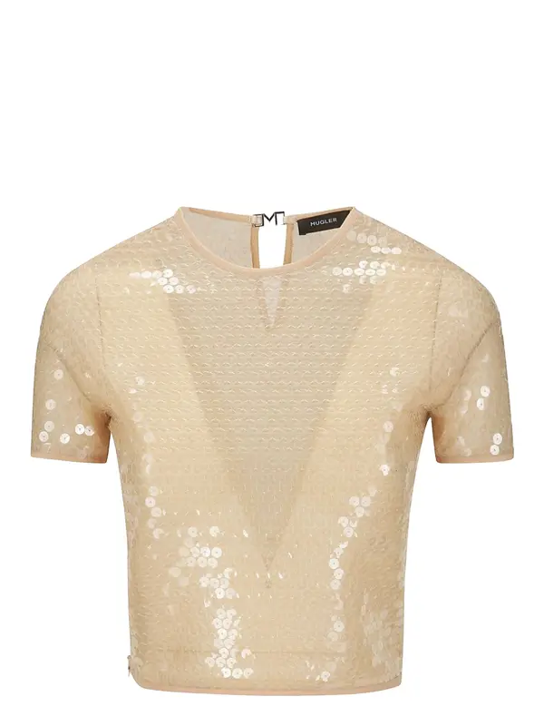 MUGLER Short-sleeved Sequined Blouse - Neutrals