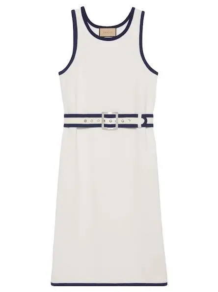 Gucci Sleeveless Belted Dress - White/navy Blue