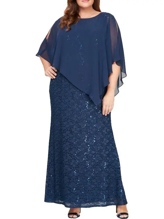 SL FASHIONS Slny Sequin Floral Lace Dress With Capelet - New Navy