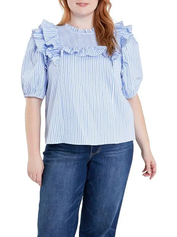 English Factory Smocked Ruffle Top - White/powder Blue
