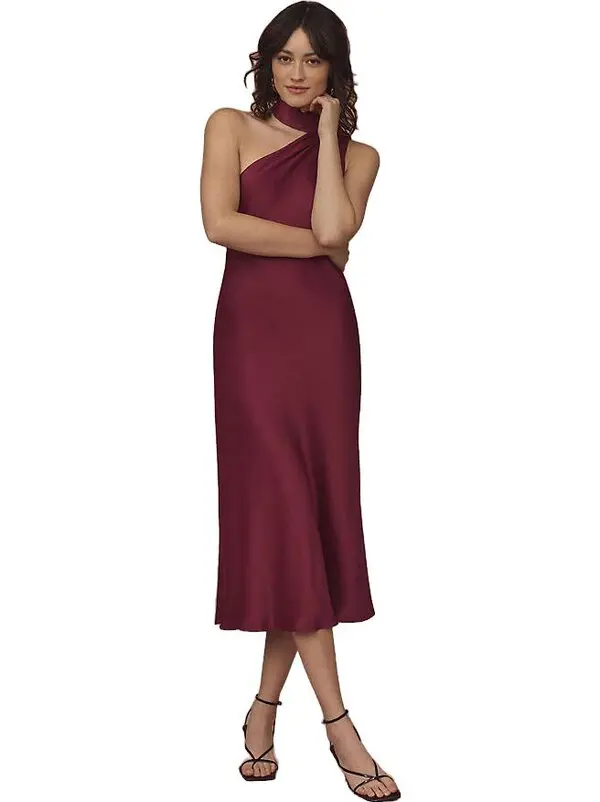 Bhldn Nicoletta One-shoulder Scarf Satin Midi Dress By - Burgundy