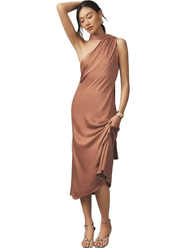 Bhldn Nicoletta One-shoulder Scarf Satin Midi Dress By - Cedar