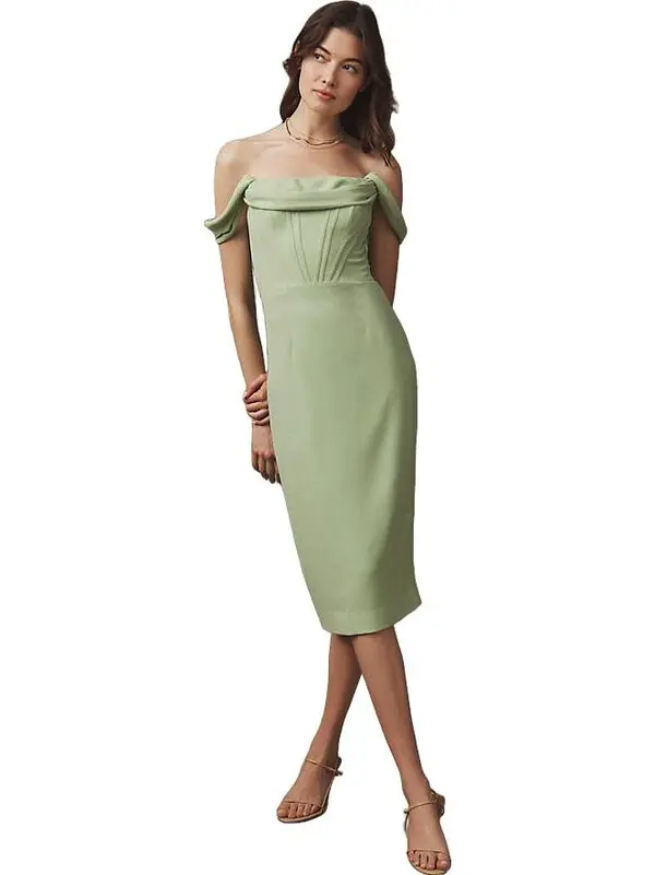 Dress The Population Vickie Off-the-shoulder Corset Midi Dress - Light Green