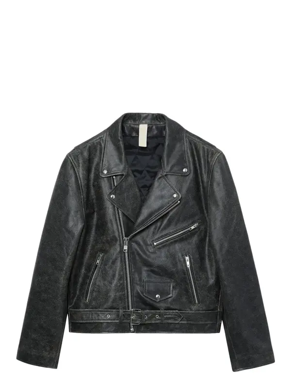 SUNFLOWER Faded Leather Biker Jacket - Black