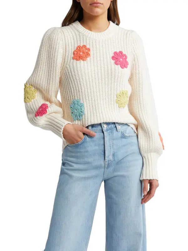 Rails Romi Floral Crochet Crewneck Sweater - Ivory Multi Daisies