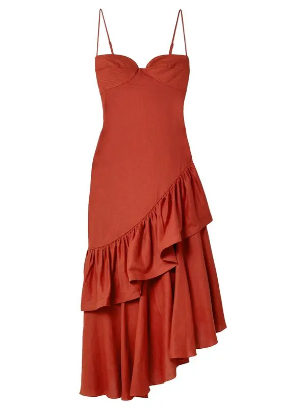 Johanna Ortiz Acércate Más Asymmetric Ruffled Linen-blend Dress - Red