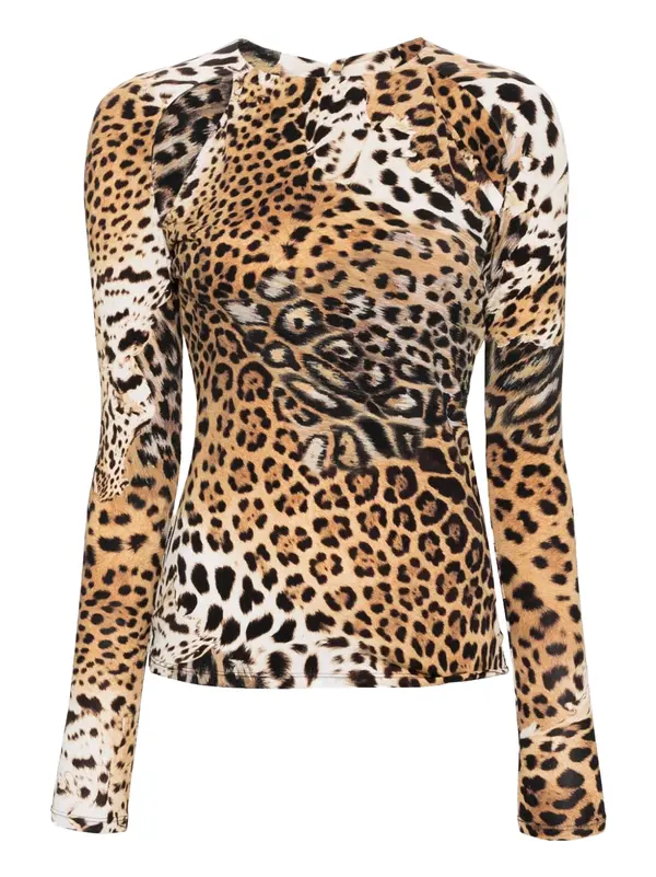 Roberto Cavalli Jaguar Skin-print Cut-out Blouse - Neutrals