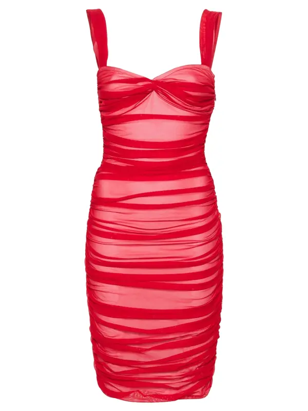 Norma Kamali Walter Mesh Ruched Midi Dress - Red