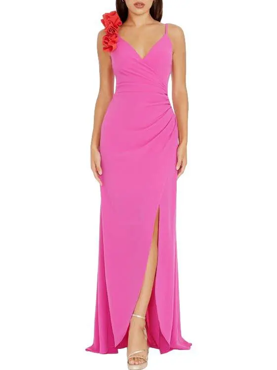 Dress The Population Camelia Ruffle Detail Gown - Bright Fuchsia-poppy