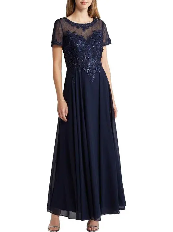 XSCAPE EVENINGS Beaded Mesh Gown - Navy