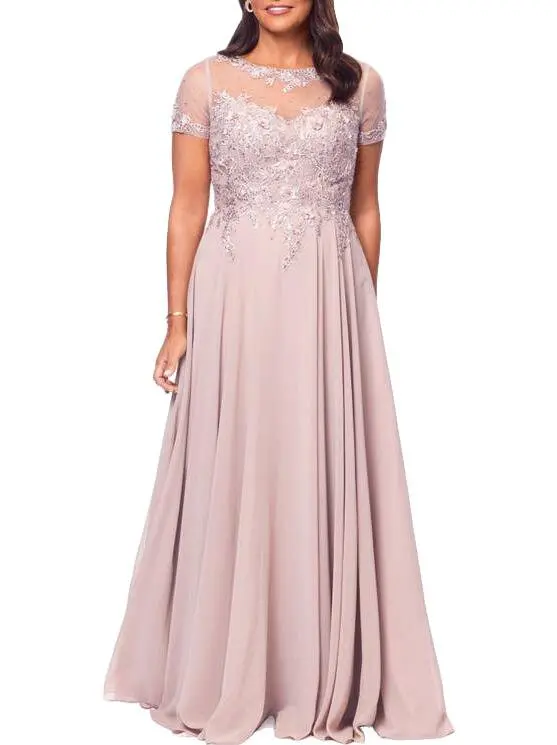 XSCAPE EVENINGS Beaded Mesh Gown - Taupe