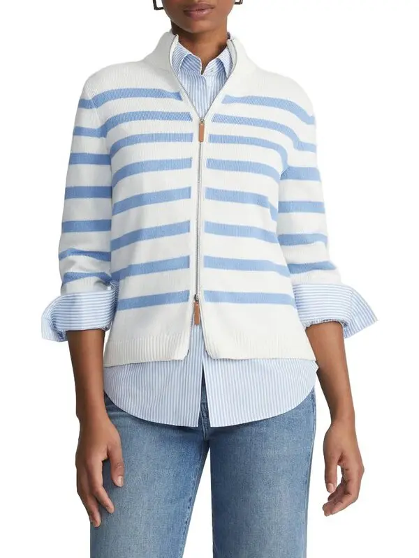 Lafayette 148 New York Stripe Cotton & Silk Zip Cardigan - Deep Blue Oasis Multi