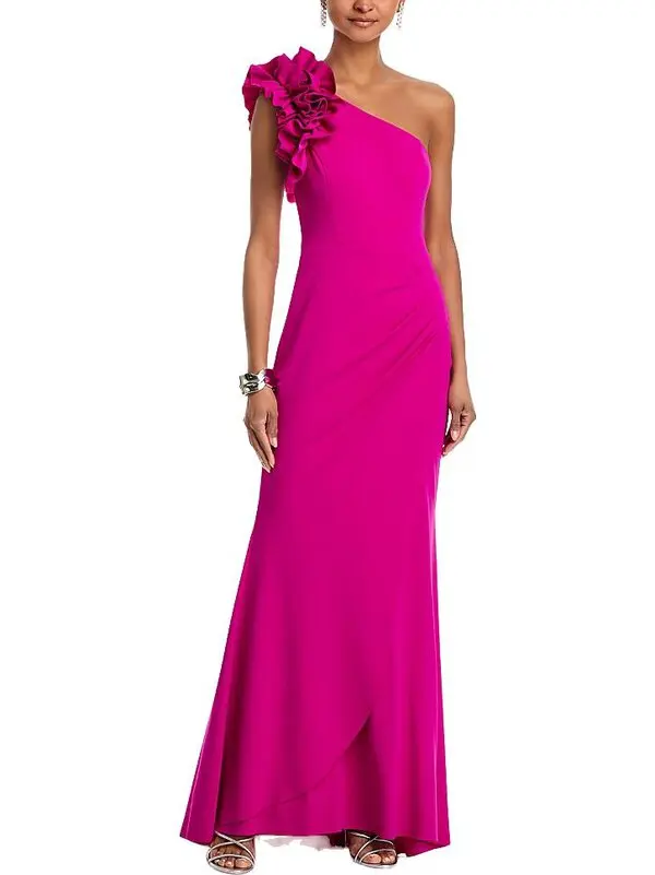 Aqua One Shoulder Ruffle Crepe Gown - New Fushia