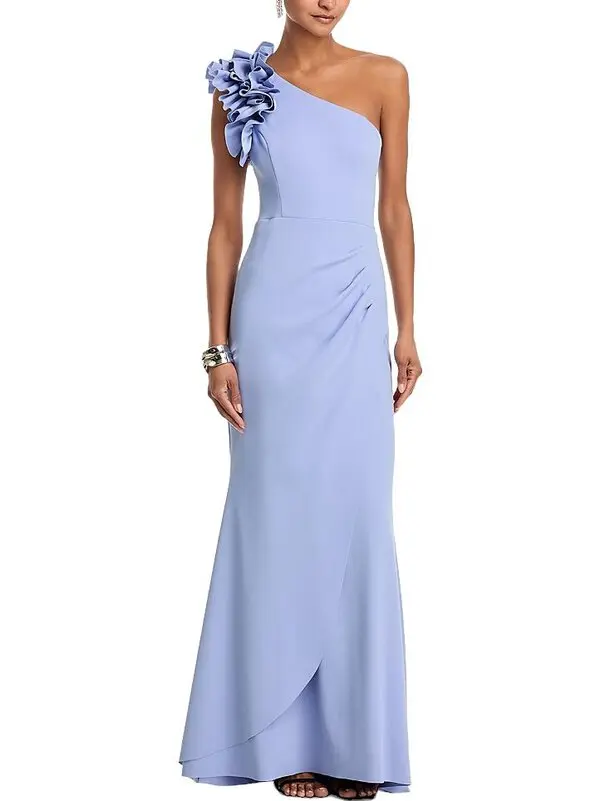Aqua One Shoulder Ruffle Crepe Gown - Periwinkle