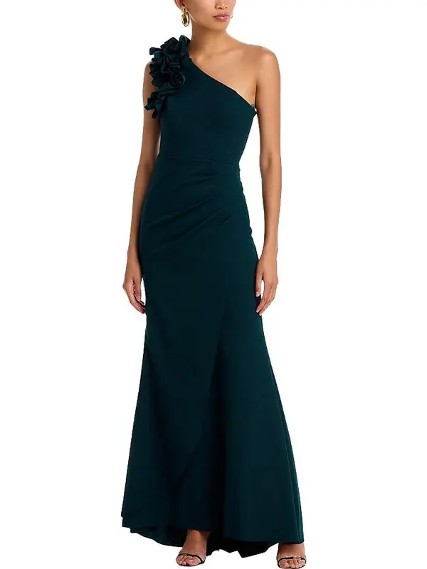 Aqua One Shoulder Ruffle Crepe Gown - Pine