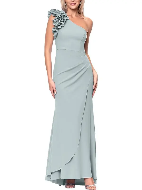 Aqua One Shoulder Ruffle Crepe Gown - Sage