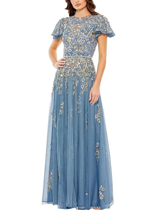 Mac Duggal Embellished High Neck Gown - Slate Blue