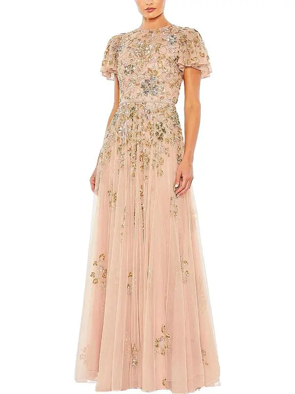 Mac Duggal Embellished High Neck Gown - Taupe Multi