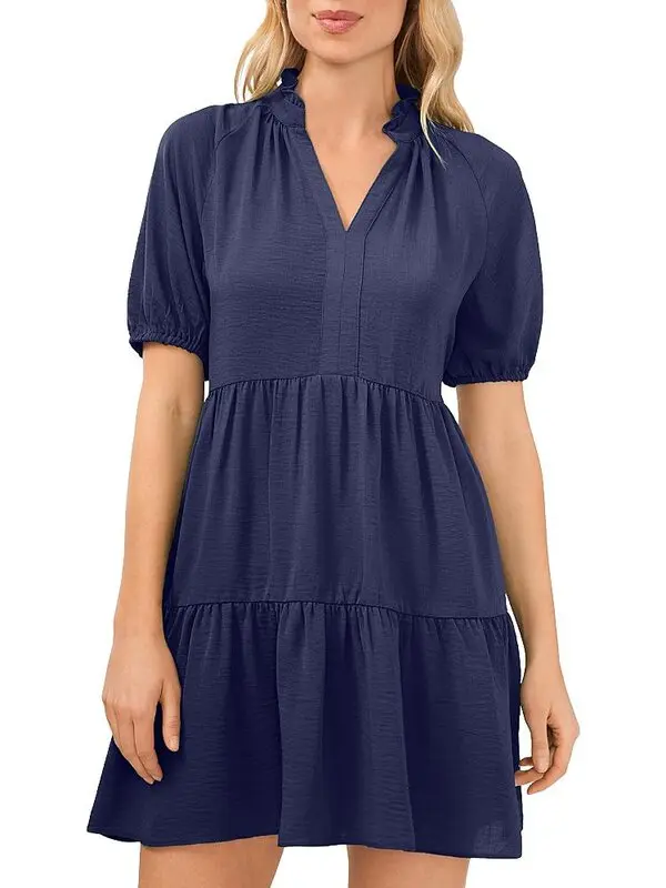 CECE DUPRAZ Tiered Ruffle Neck Dress - Classic Navy