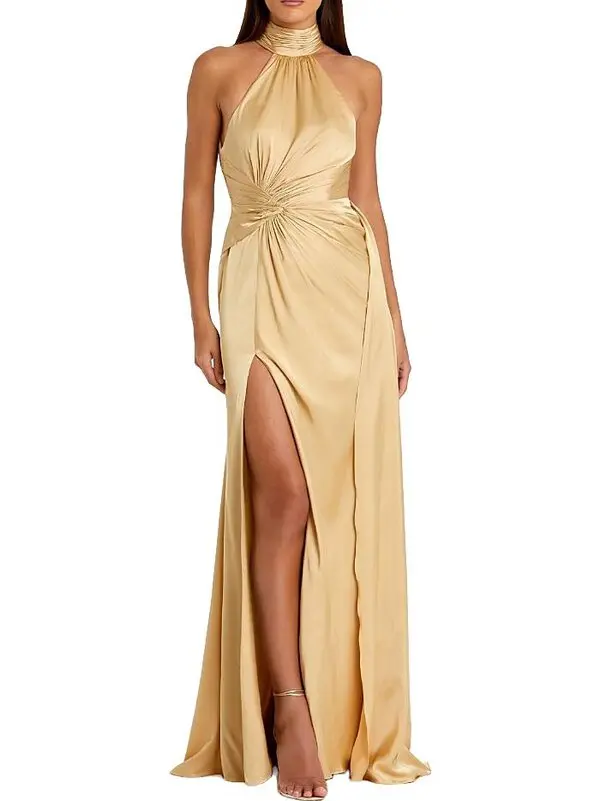 Mac Duggal Open Back High Neck Side Ruched Gown - Gold