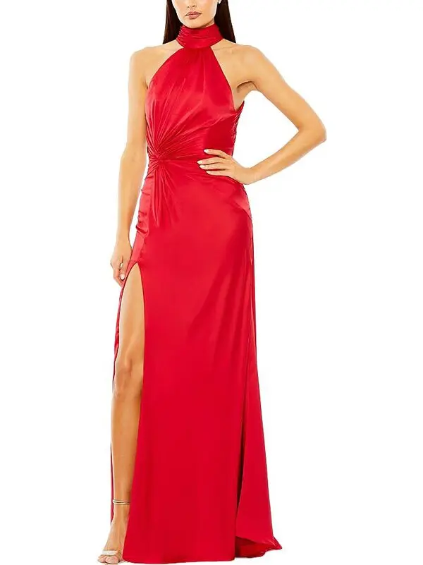 Mac Duggal Open Back High Neck Side Ruched Gown - Red