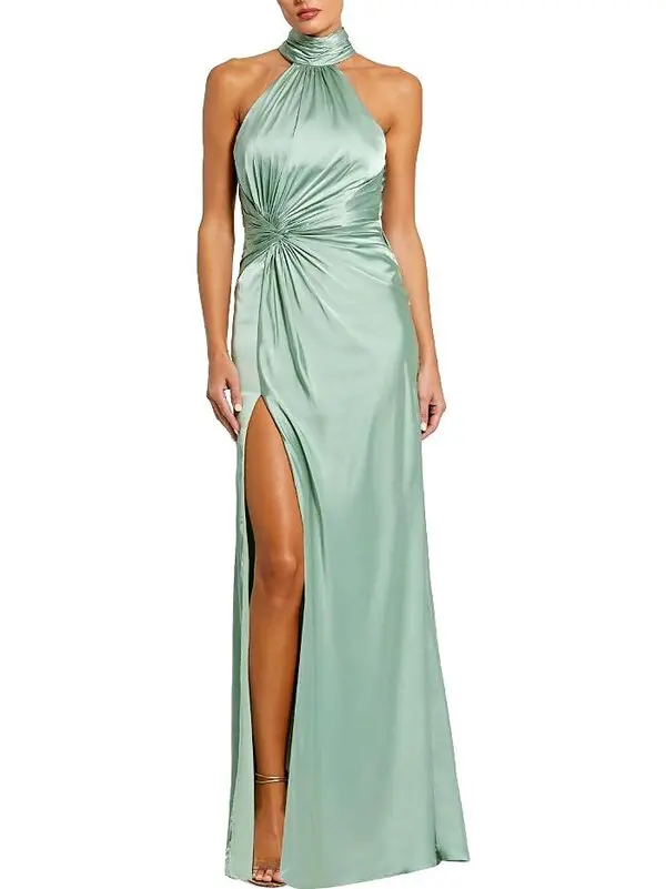 Mac Duggal Open Back High Neck Side Ruched Gown - Sage