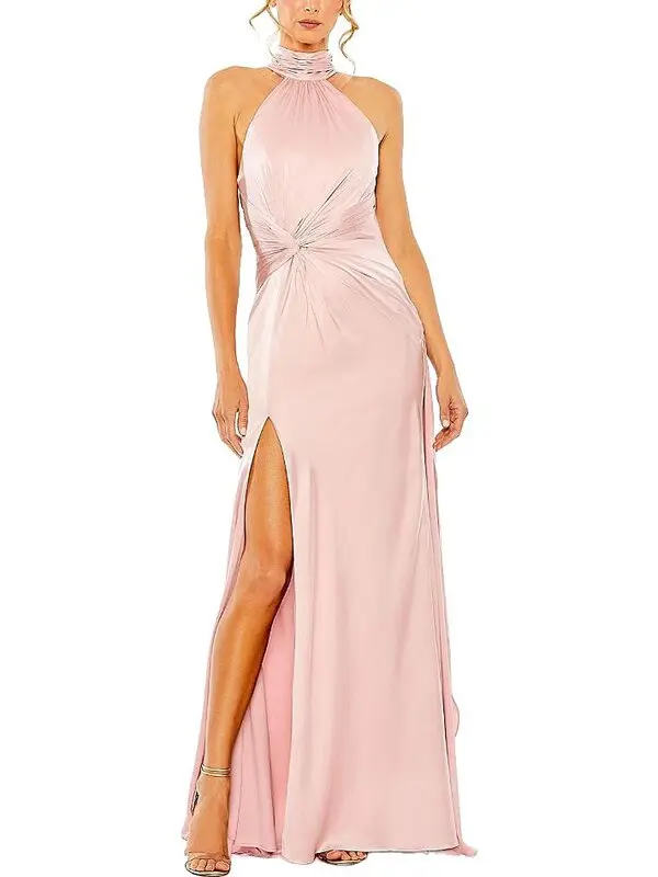 Mac Duggal Open Back High Neck Side Ruched Gown - Shell Pink