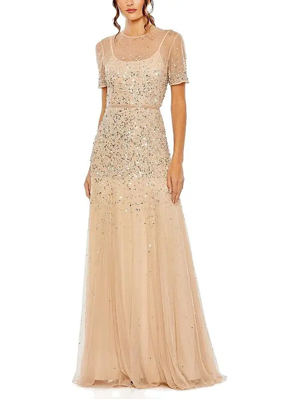 Mac Duggal High Neck Short Sleeve Sequin Gown - Nude Silver