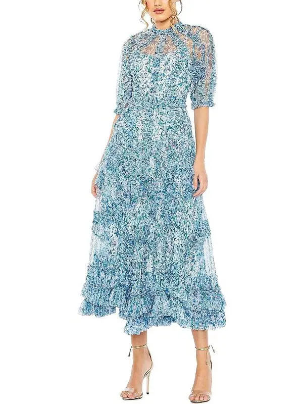 Mac Duggal Mesh Puff Sleeve Floral Print Midi Dress - Blue Multi