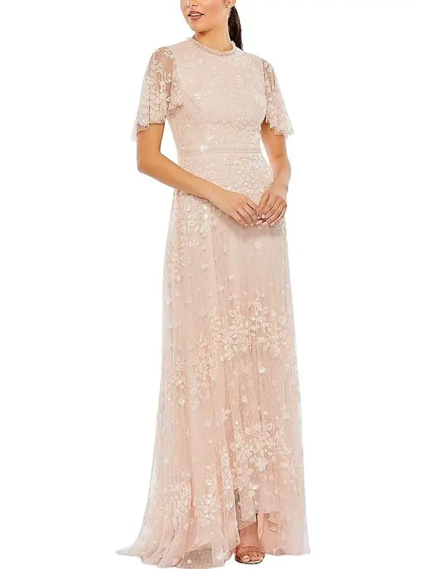 Mac Duggal Sequined High Neck Flutter Sleeve A-line Gown - Blush