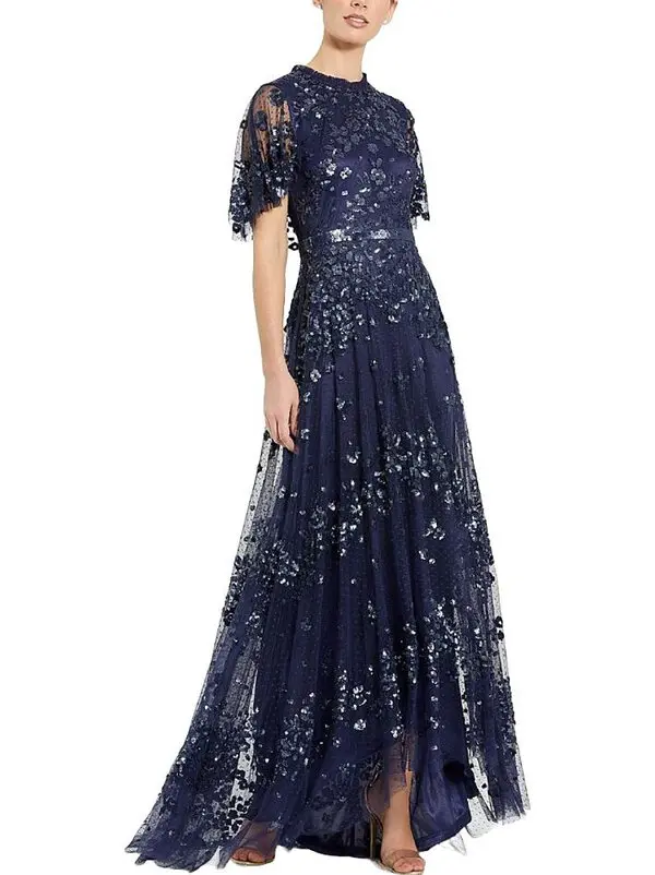 Mac Duggal Sequined High Neck Flutter Sleeve A-line Gown - Midnight