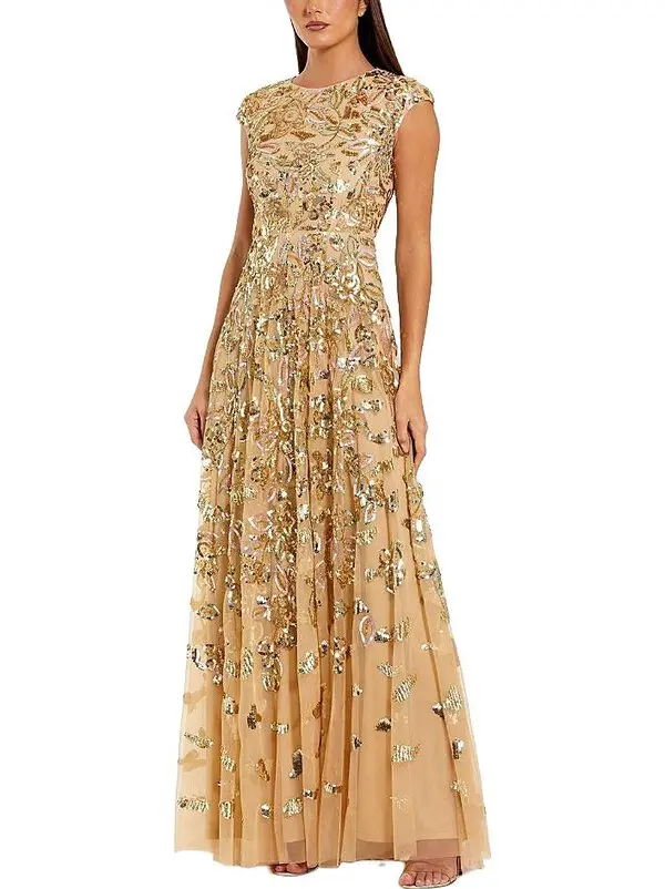Mac Duggal Sequined High Neck A-line Gown - Gold Multi